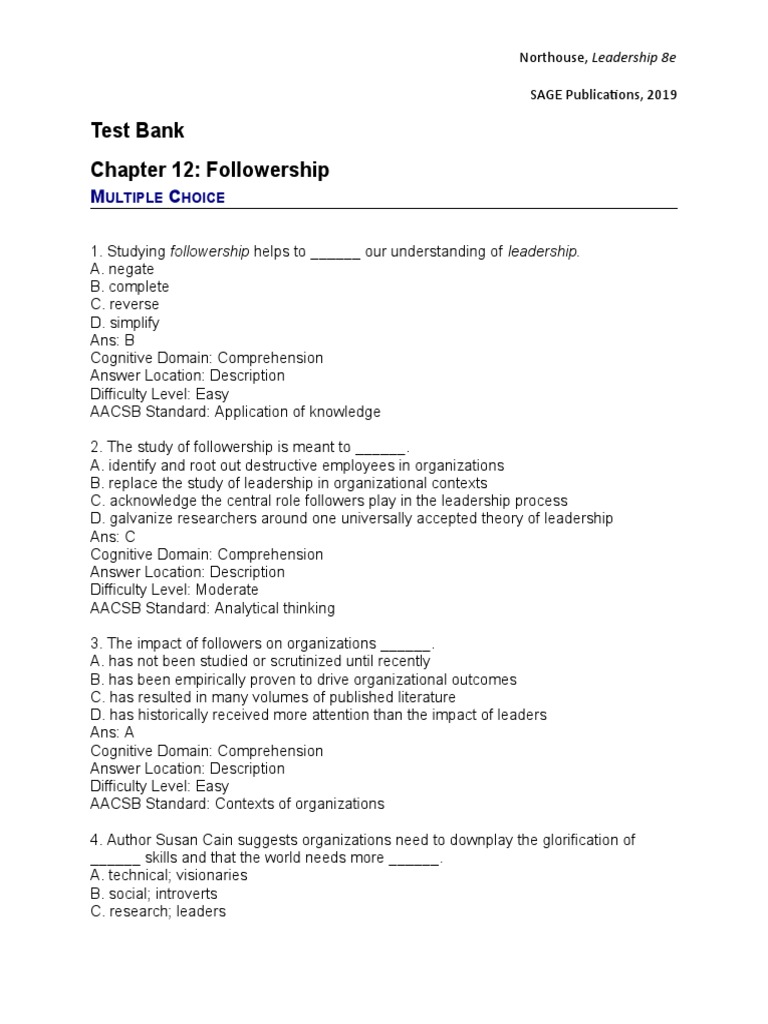 Test Bank Chapter 12: Followership: Ultiple Hoice | PDF | Leadership ...