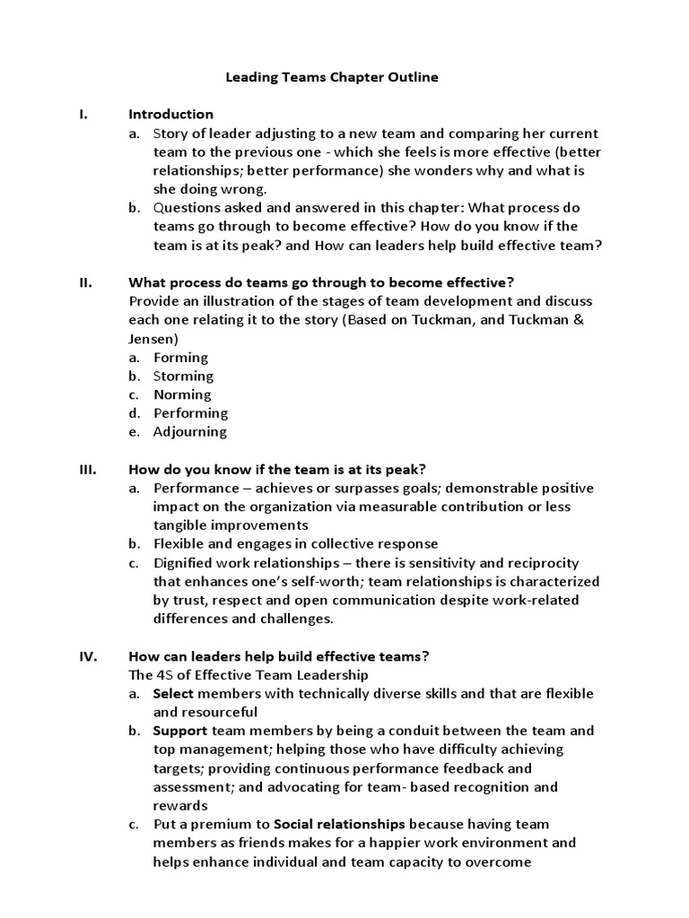 SAMPLE OUTLINE Leading Effective Teams Chapter Outline | PDF ...