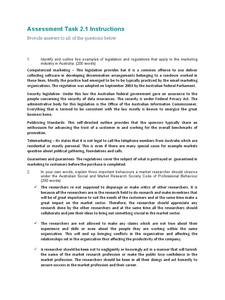 Assessment Task 2.1 Instructions: Provide Answers To All of The ...