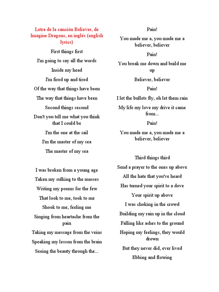 Letra de La Canción Believer, de Imagine Dragons, en Inglés (English ...