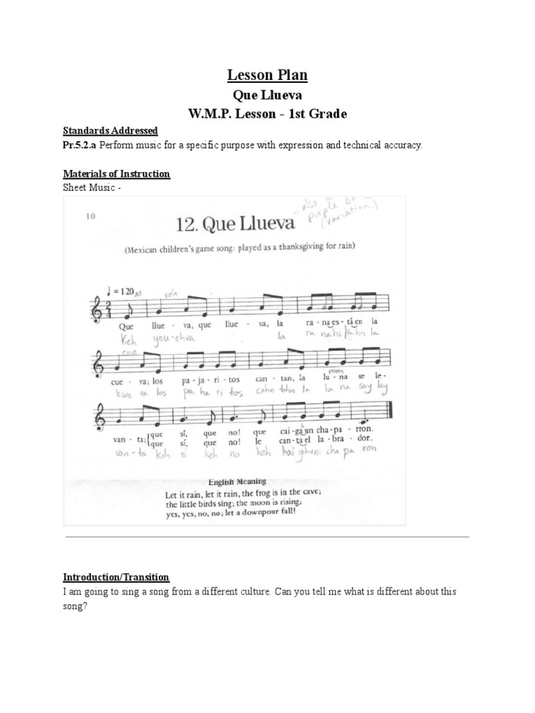 Que Llueva: 1st Grade Music Lesson | PDF | Entertainment (General ...