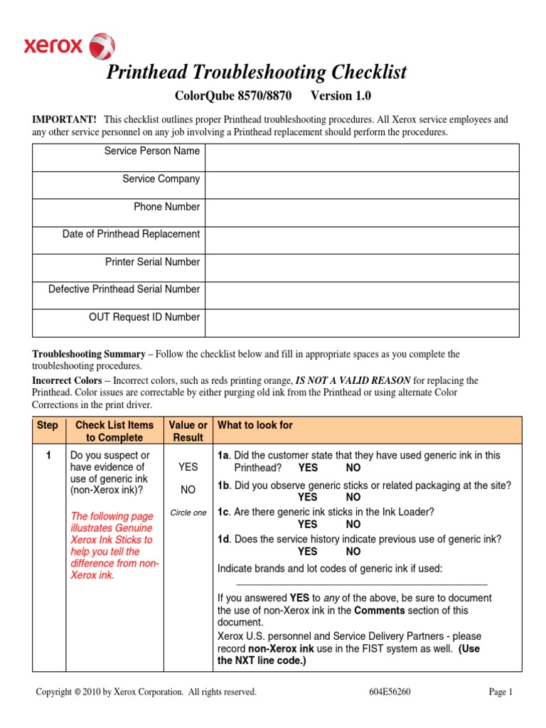 Printhead Troubleshooting Checklist: Colorqube 8570/8870 Version 1.0 ...