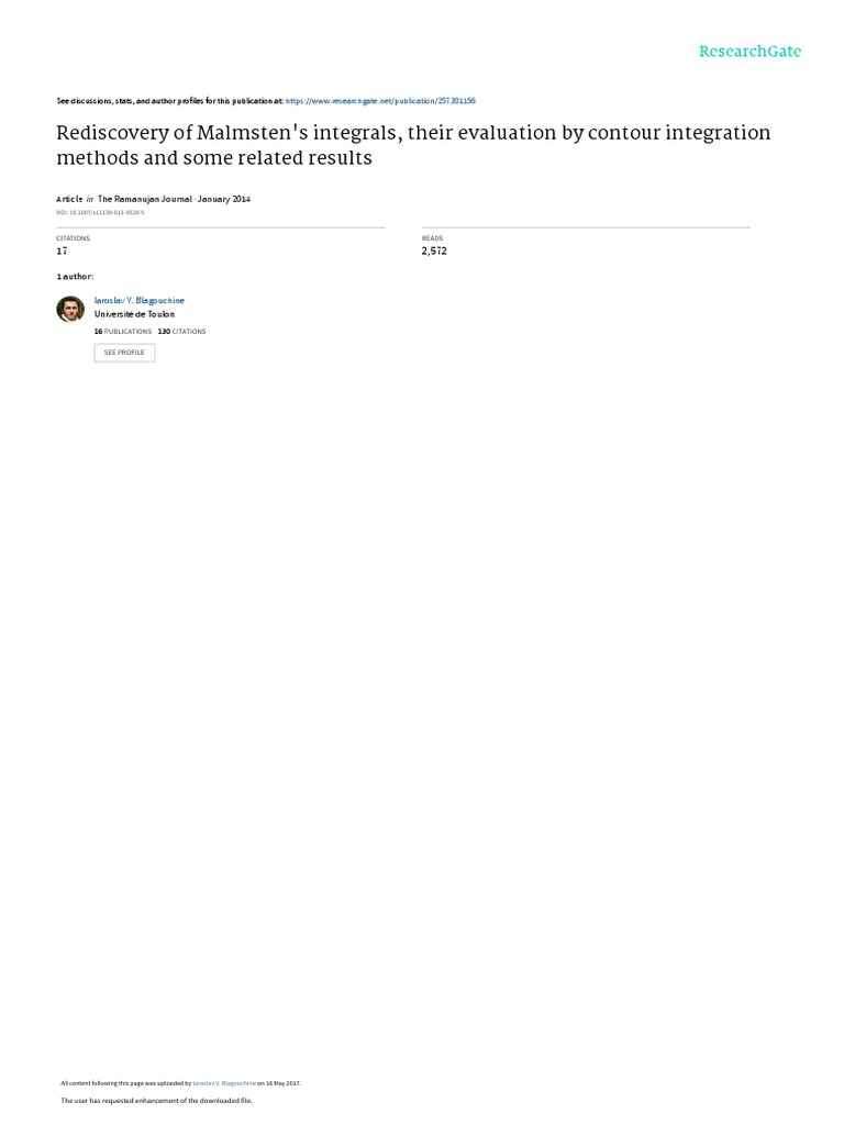 Blagouchine Malmsten Integrals and Their Evaluation by Contour Integration Methods Ramanujan J ...