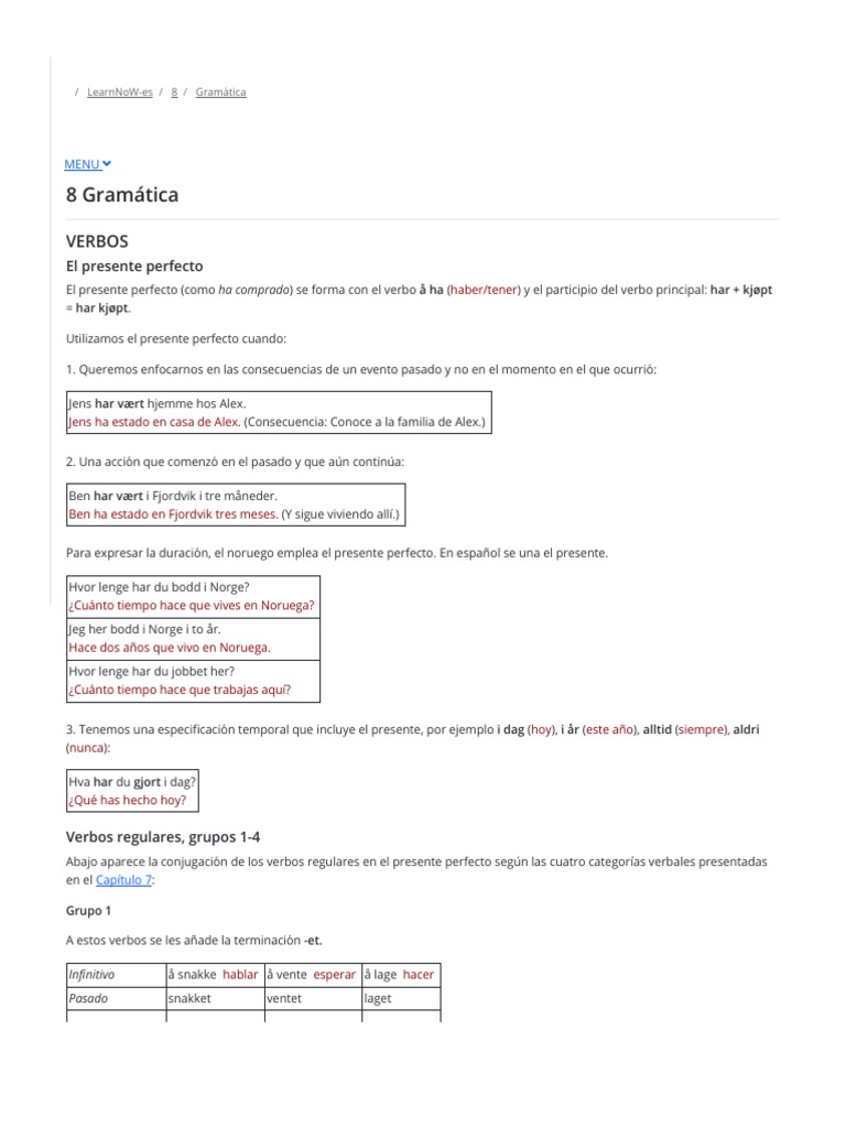 8 Gramática LearnNoW - NTNU | PDF | Verbo | Oración (Lingüística)