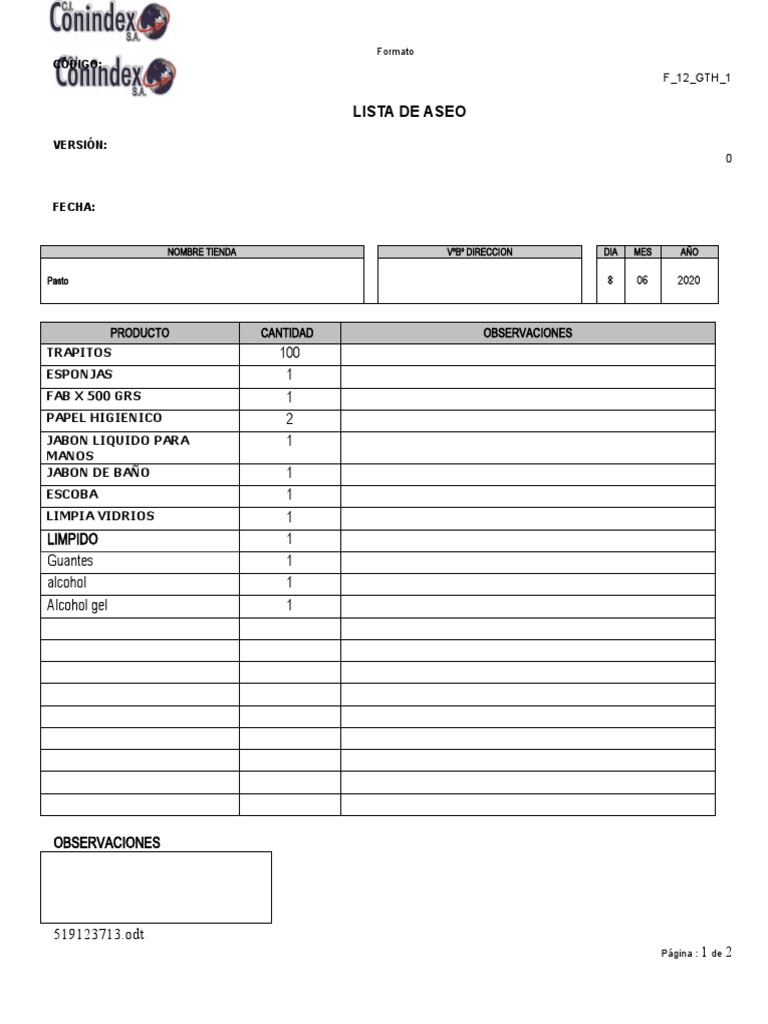 Formato Aseo Tiendas | PDF