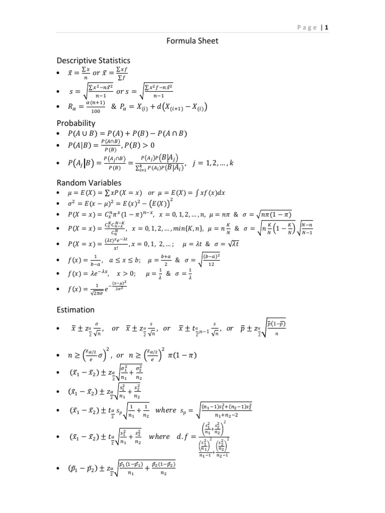 Formula Sheet Descriptive Statistics | PDF | Research Methods ...