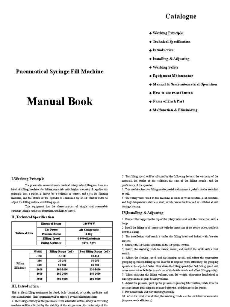 English Manual Book - Pneumatical Filling Machine | PDF | Valve | Switch