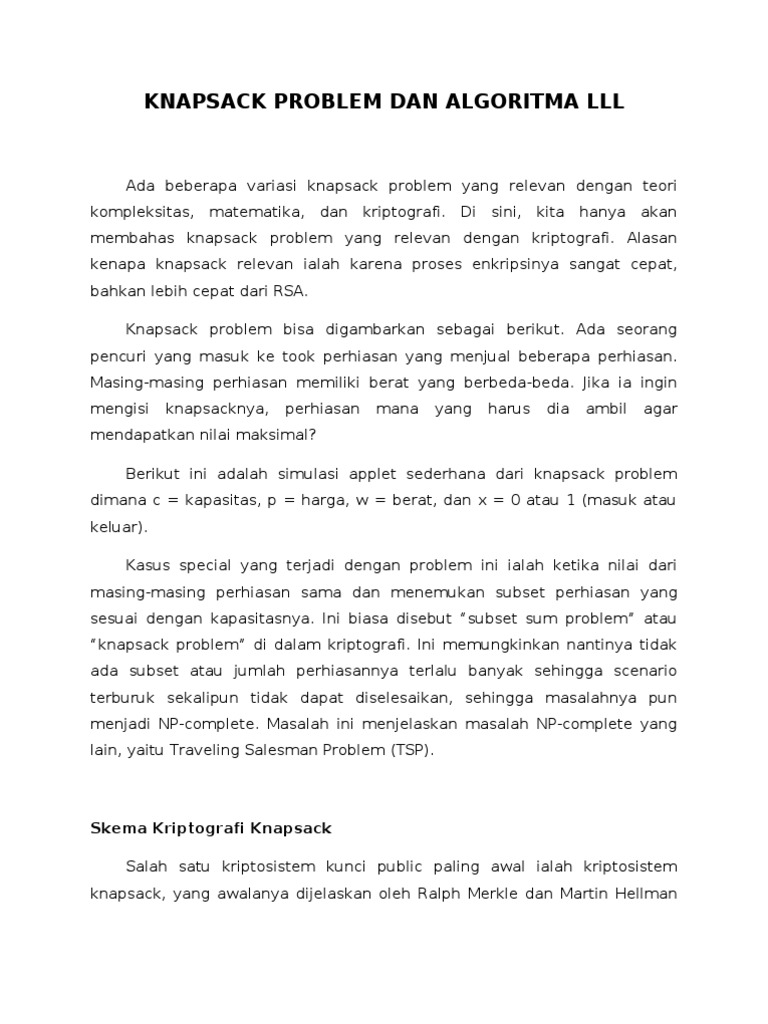 Knapsack Problem Dan Algoritma LLL | PDF