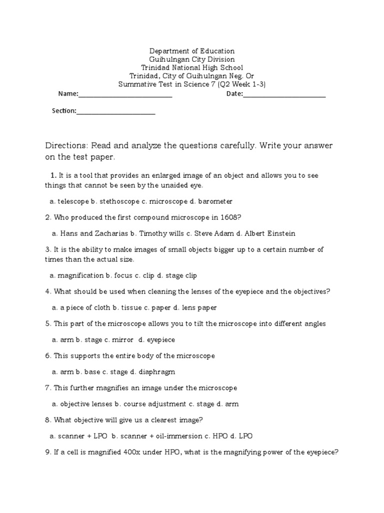 Science 7 Summative Test: Microscope & Cells | PDF | Organ (Anatomy ...