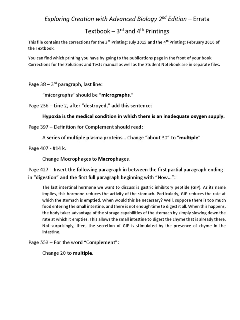 Advanced Biology 2nd Ed. Errata Corrections | PDF | Wellness | Science ...