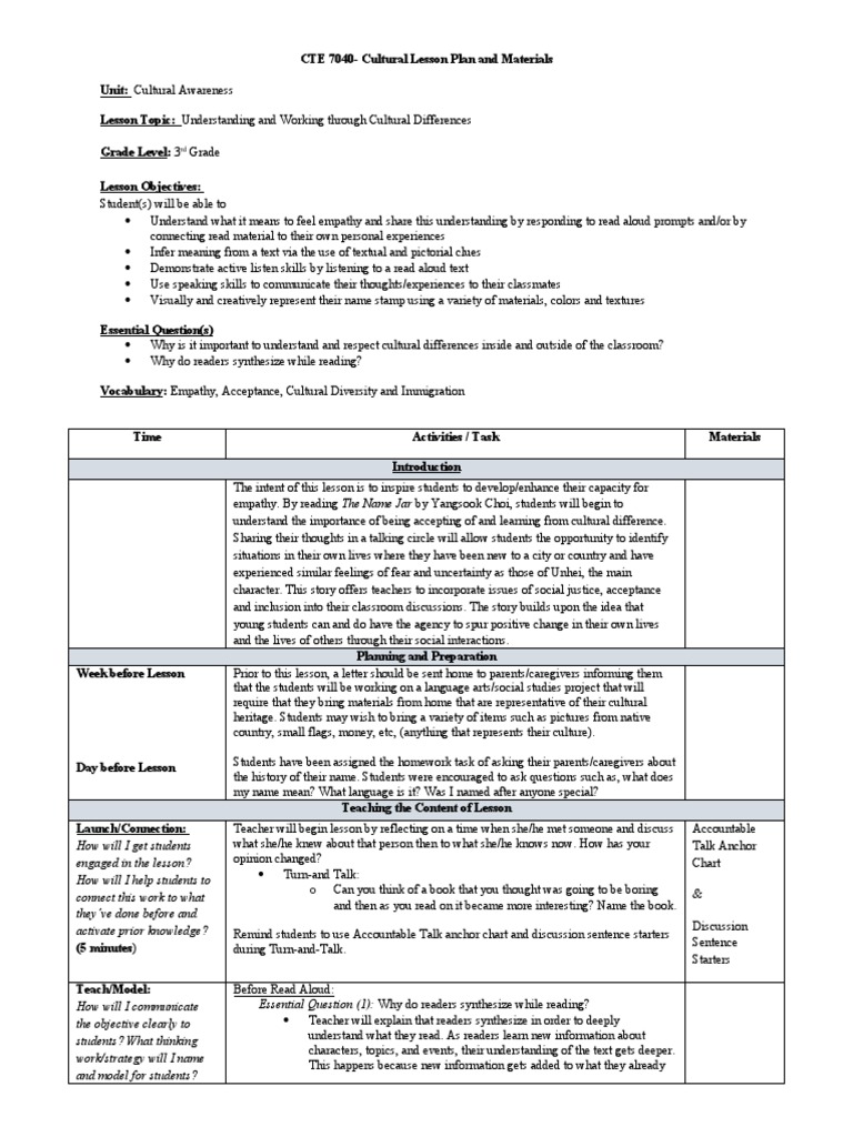 CTE 7040 - Jessica Pudlio Cultural Lesson Plan | PDF | Classroom | Teachers