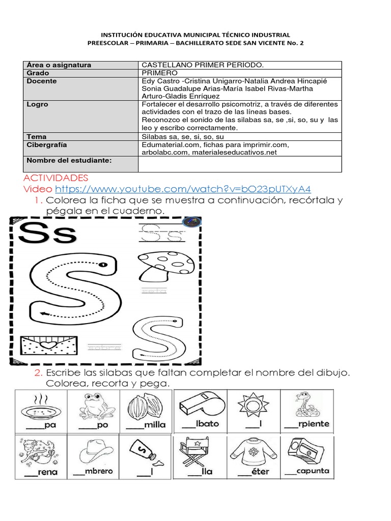 Actividades con sílabas sa se si so su | PDF