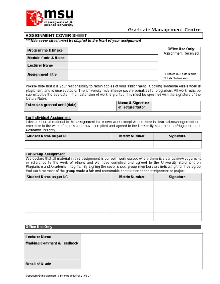 MSU - GMC - Assignment Cover Sheet | PDF