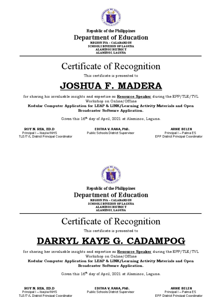 Certificate Of Recognition Resource Speaker Pdf Computing And