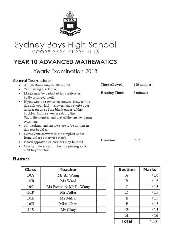 Year 10 Advanced Math Exam 2018 | PDF | Area | Angle