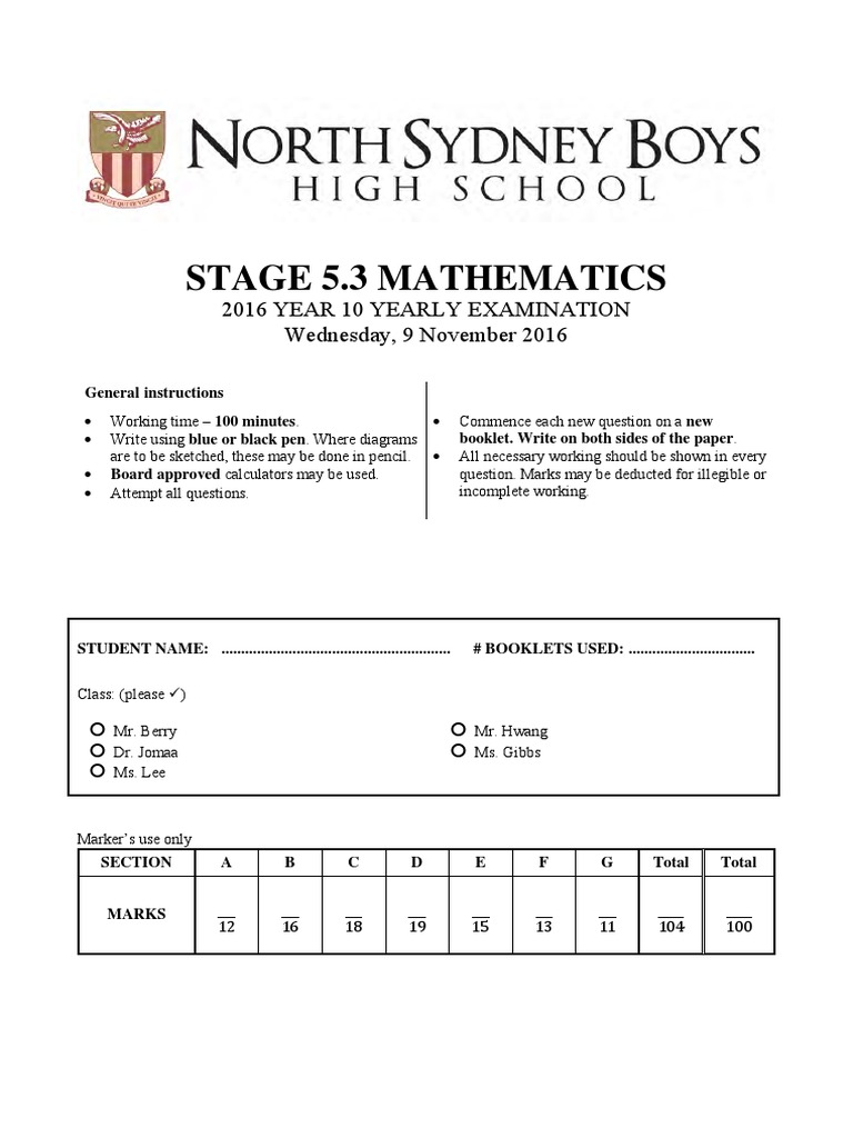 Year 10 Mathematics Exam 2016 | PDF | Elementary Mathematics | Teaching ...