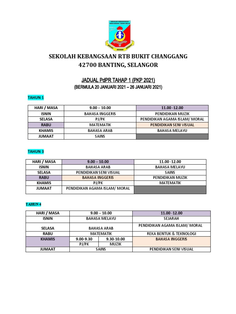Jadual PDPR PKP SK RTB 2021 | PDF