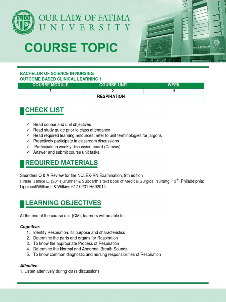 Course Module Course Unit Week: Bachelor of Science in Nursing Outcome ...