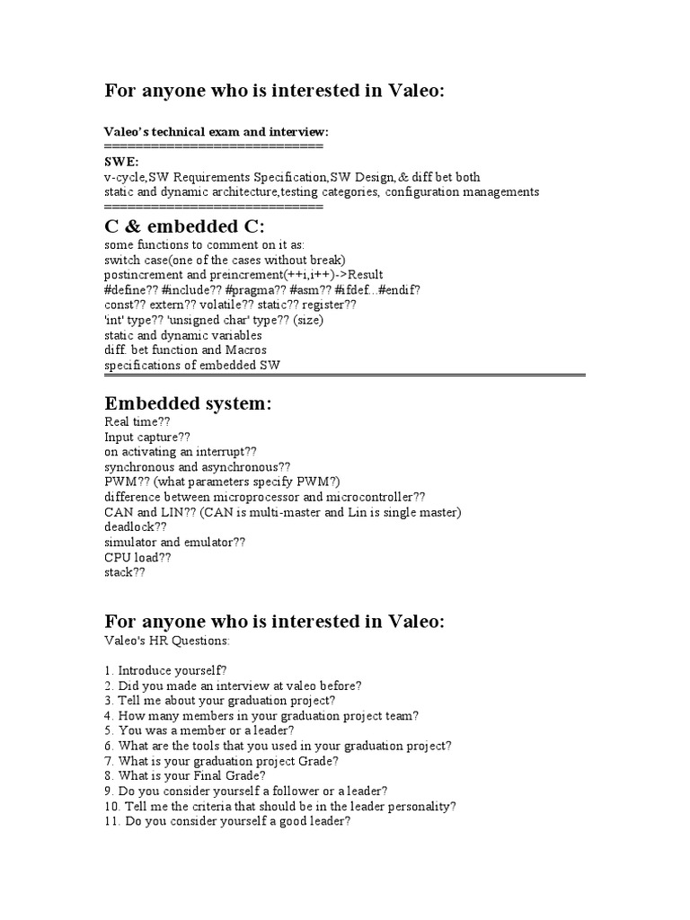 For Anyone Who Is Interested in Valeo:: Valeo's Technical Exam and Interview: Swe | PDF