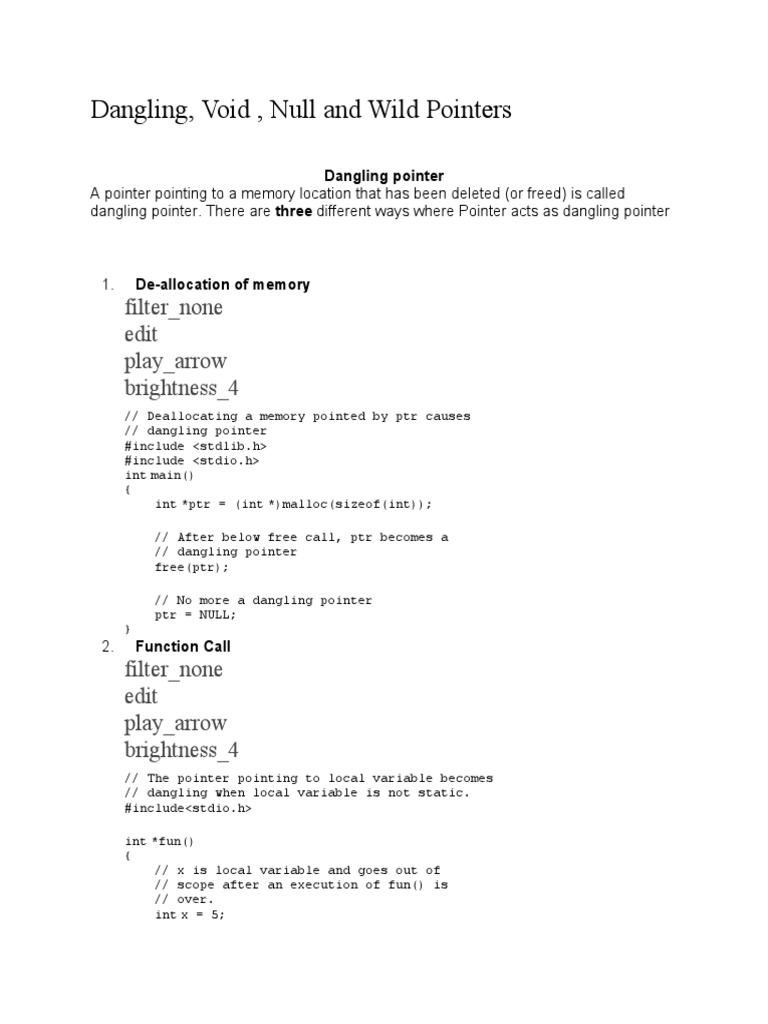 Dangling, Void, Null and Wild Pointers: Filter - None Edit Play - Arrow Brightness - 4 | PDF ...