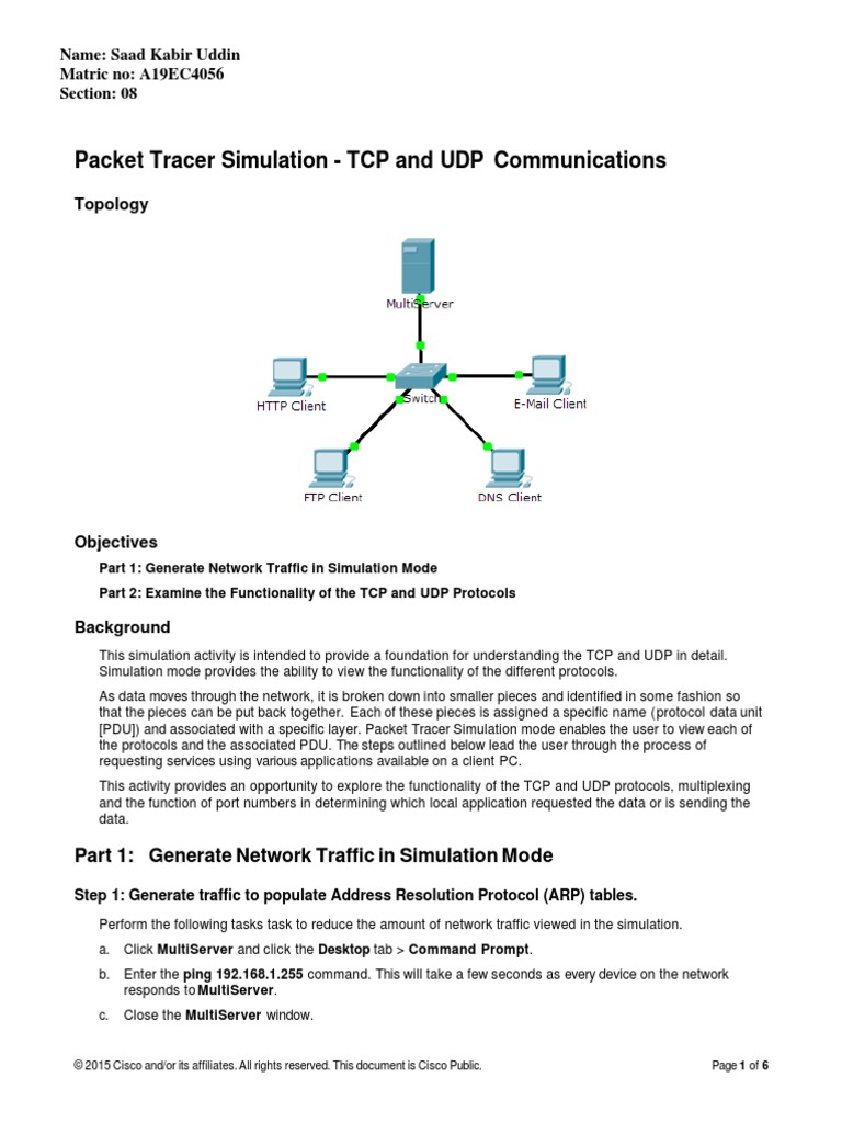 Packet Tracer Simulation - TCP and UDP Communications: Name: Saad Kabir Uddin Matric No ...