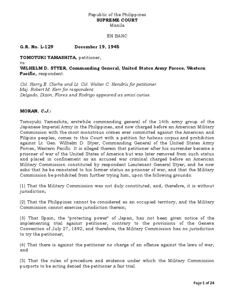 2-Yamashita vs. Styer, G.R. No. L-129, December 19, 1945 | PDF | War ...