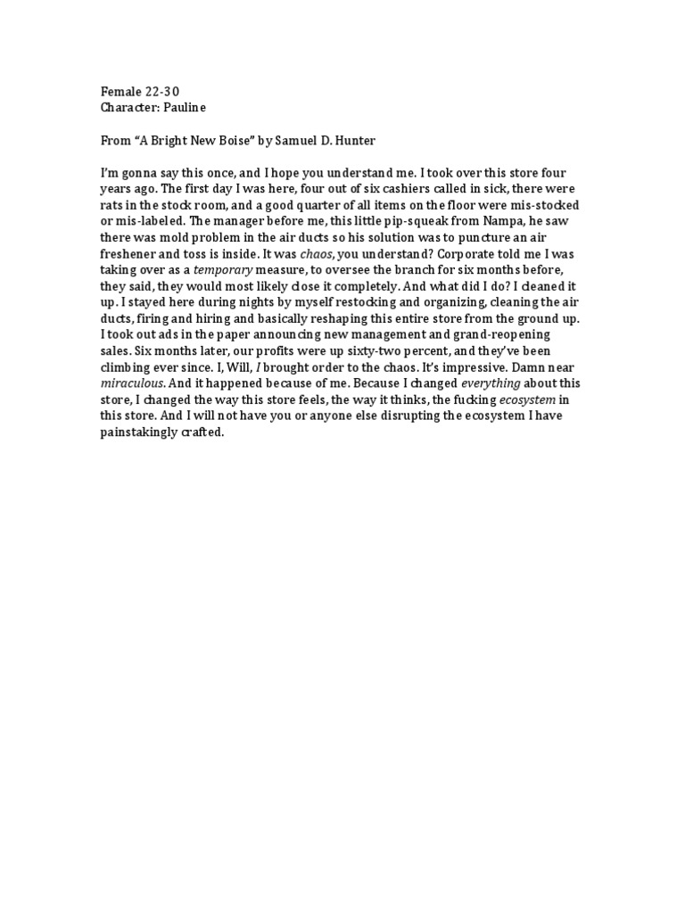 Fem. A Bright New Boise Monologue by Samuel Hunter | PDF