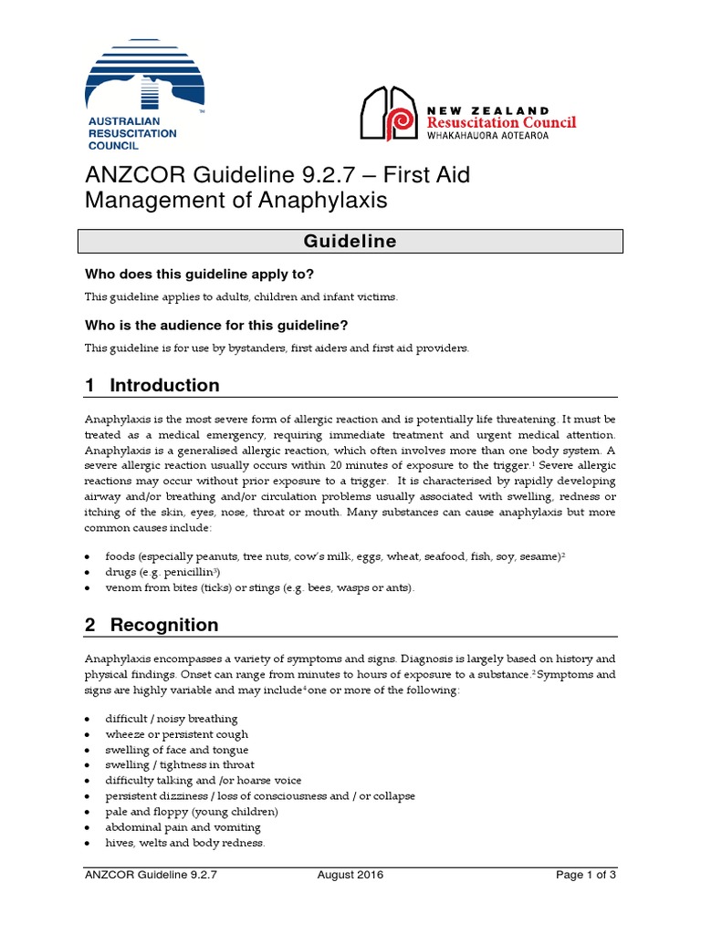 Anzcor Guideline 9 2 7 Anaphylaxis Aug16 | PDF | Allergy | Medical ...