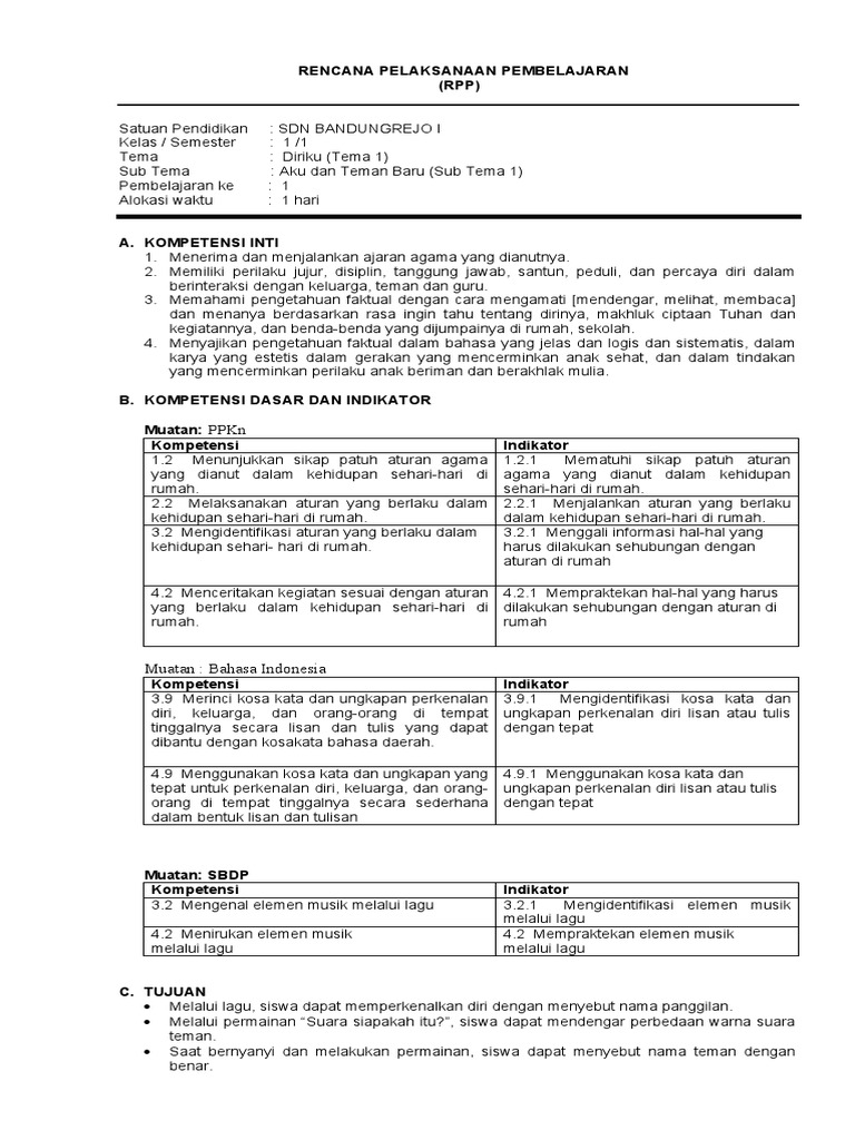 Tugas PKM RPP Kelas 1 Tema 1 Sub 1 PB 1 | PDF | Karier & Perkembangan | Kesehatan Holistik