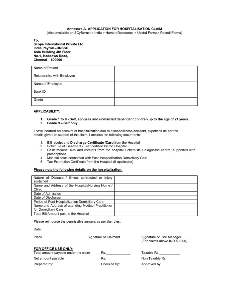 Hospitalisation Claim Form | Hospital | Home Care