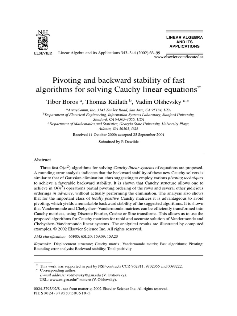 Pivoting and Backward Stability of Fast Algorithms For Solving Cauchy Linear Equations | PDF ...