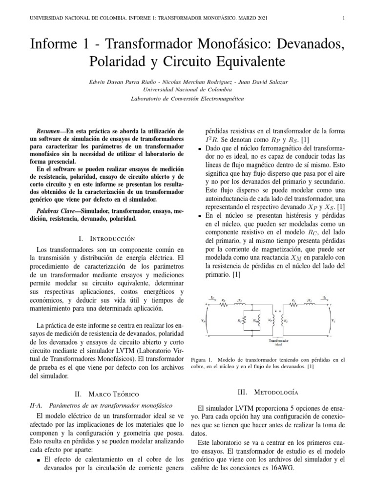 Informe 1 Laboratorio de Conversi N Electromagn Tica | PDF | Transformador | Energia electrica