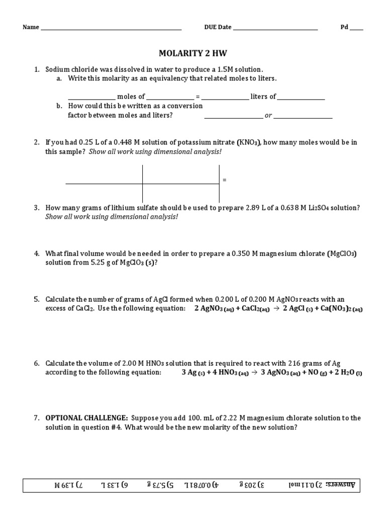 Molarity 2 HW: Show All Work Using Dimensional Analysis! | PDF
