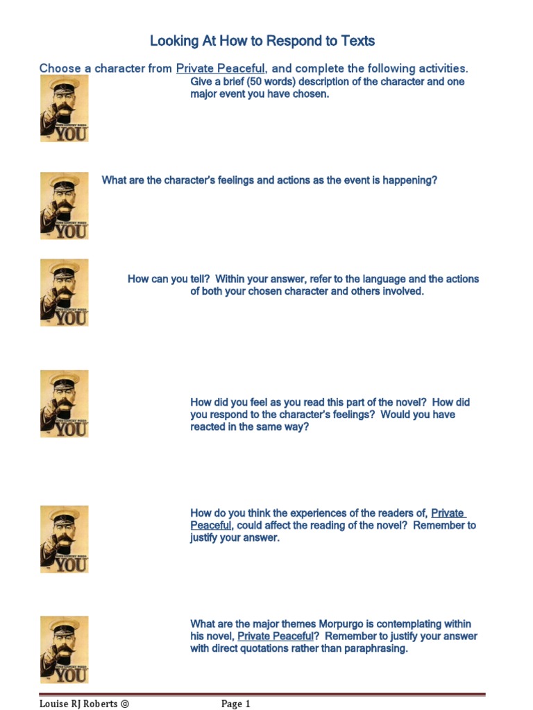 Private Peaceful - Activities - Looking at How To Respond To Texts | PDF