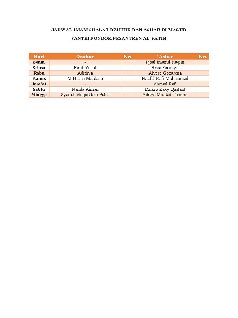Jadwal Sholat Dzuhur dan Ashar | PDF
