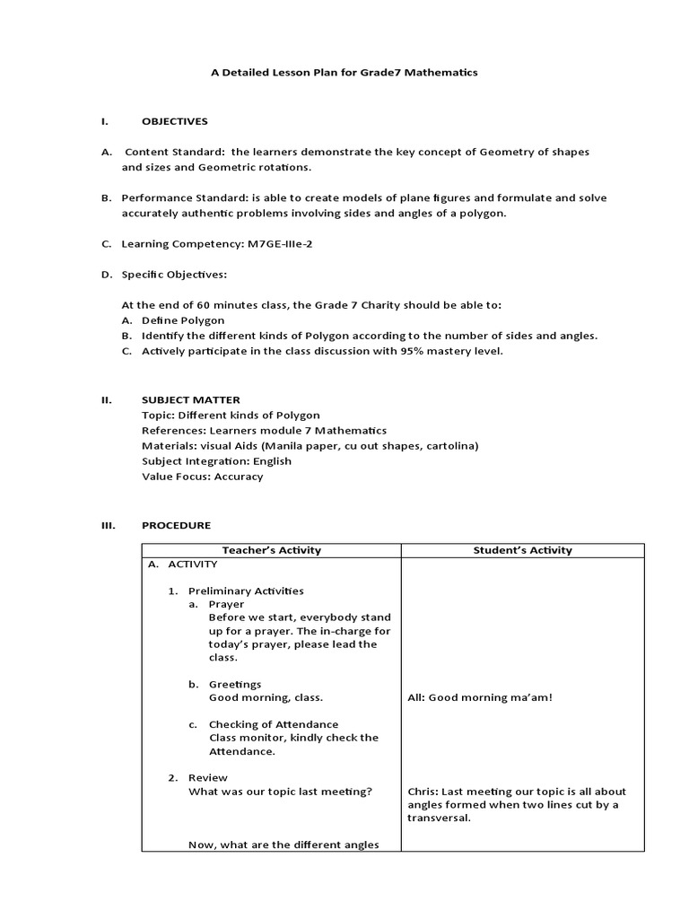 A Detailed Lesson Plan For Grade7 Mathematics | PDF | Polygon | Angle