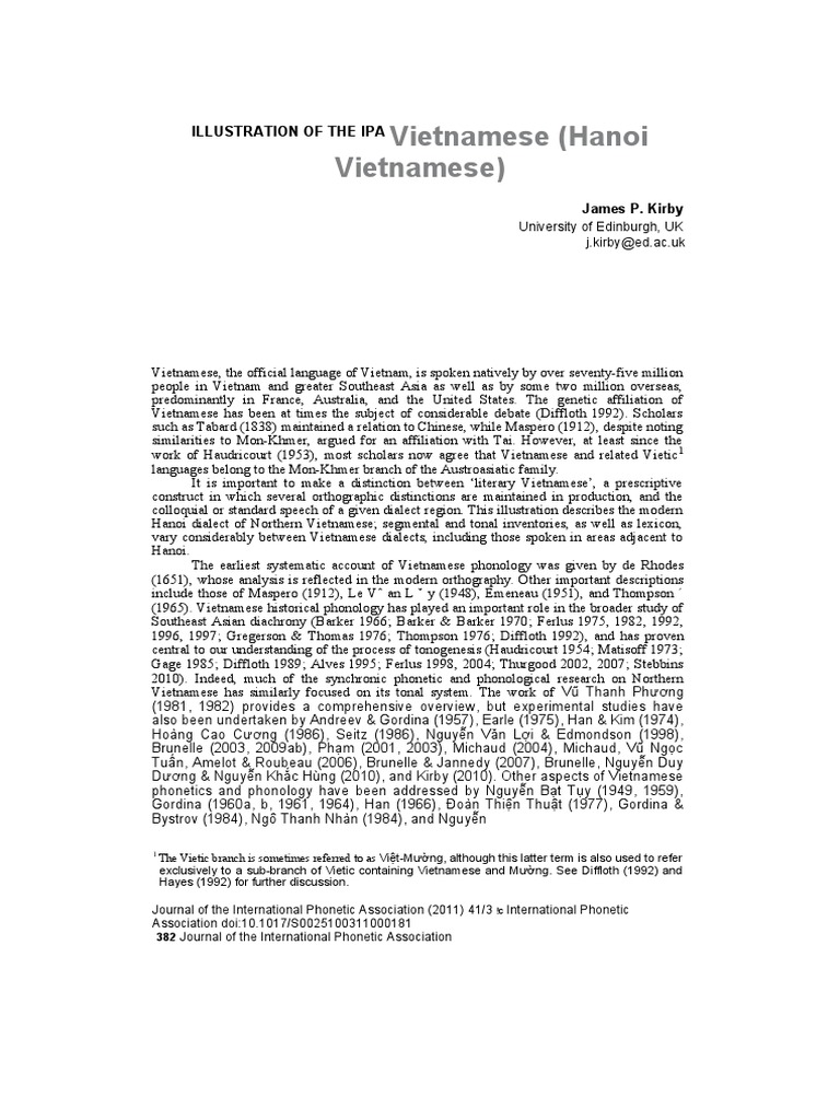 Vietnamese (Hanoi Vietnamese) : Illustration of The Ipa | PDF | Tone ...
