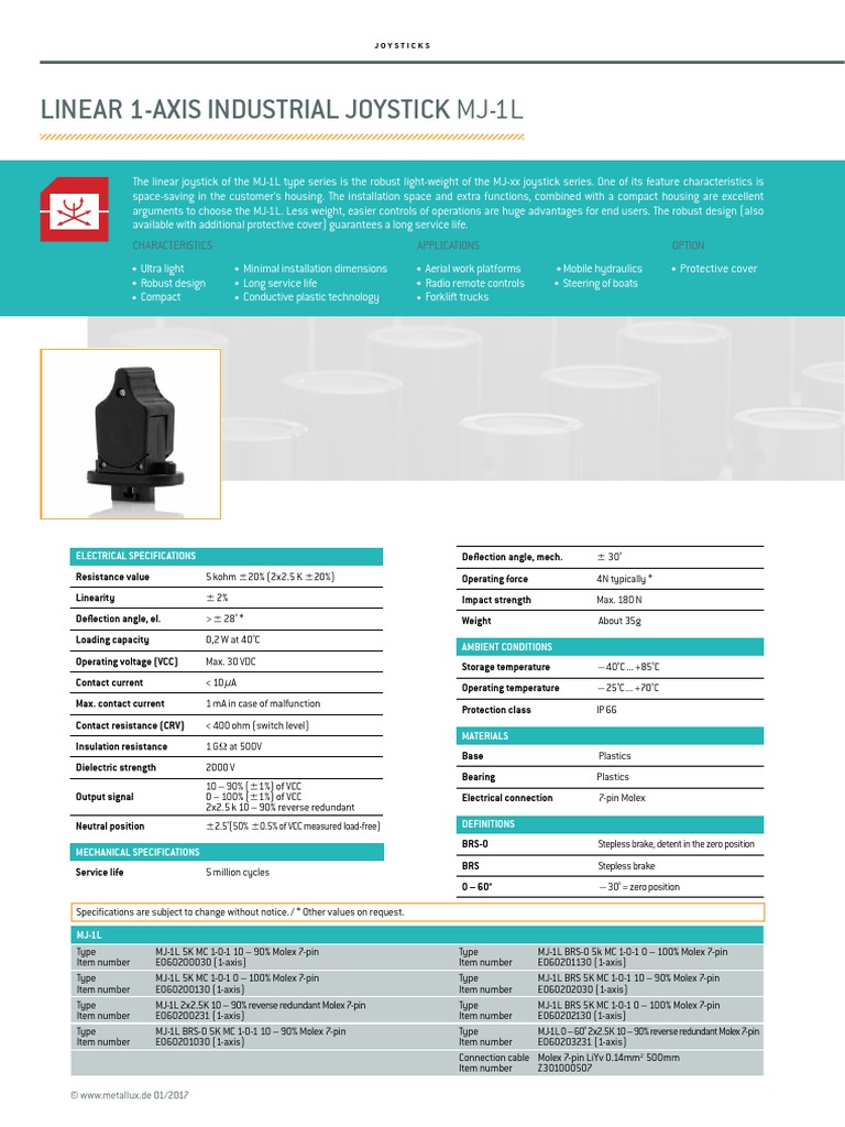 Linear 1-Axis Industrial Joystick Mj-1L: Characteristics Applications ...