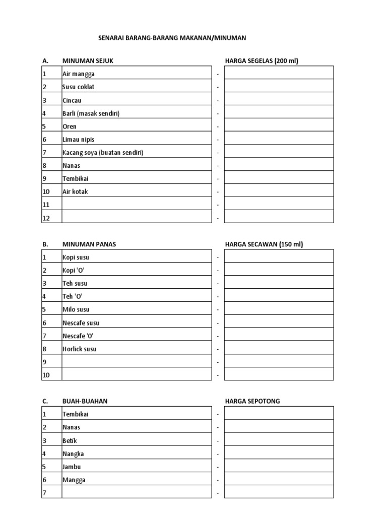 Senarai Sebutharga Makanan | PDF