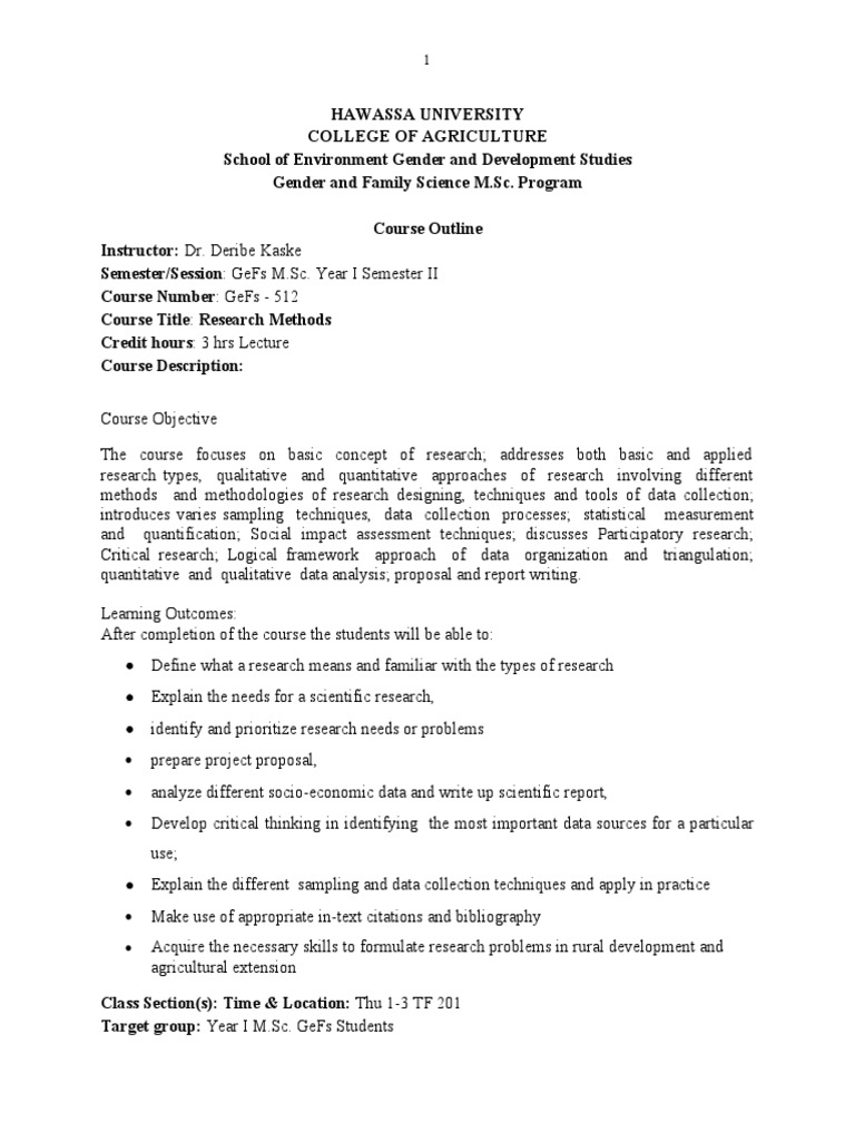Research Methods Course Outline GeFs 512 PDF Research Design