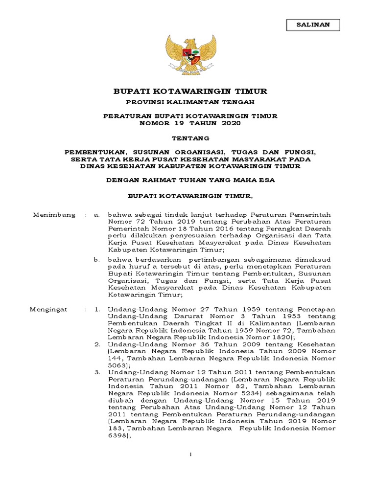 Perbup Kotim No 19 THN 2020 TTG SOTK Pusat Kesehatan Masyarakat Pada ...