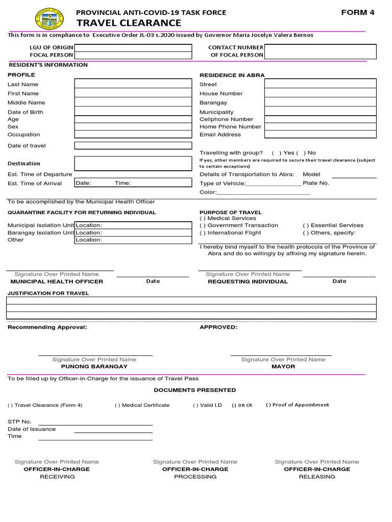 Travel Clearance Form for Abra Residents | PDF | Business | Government ...