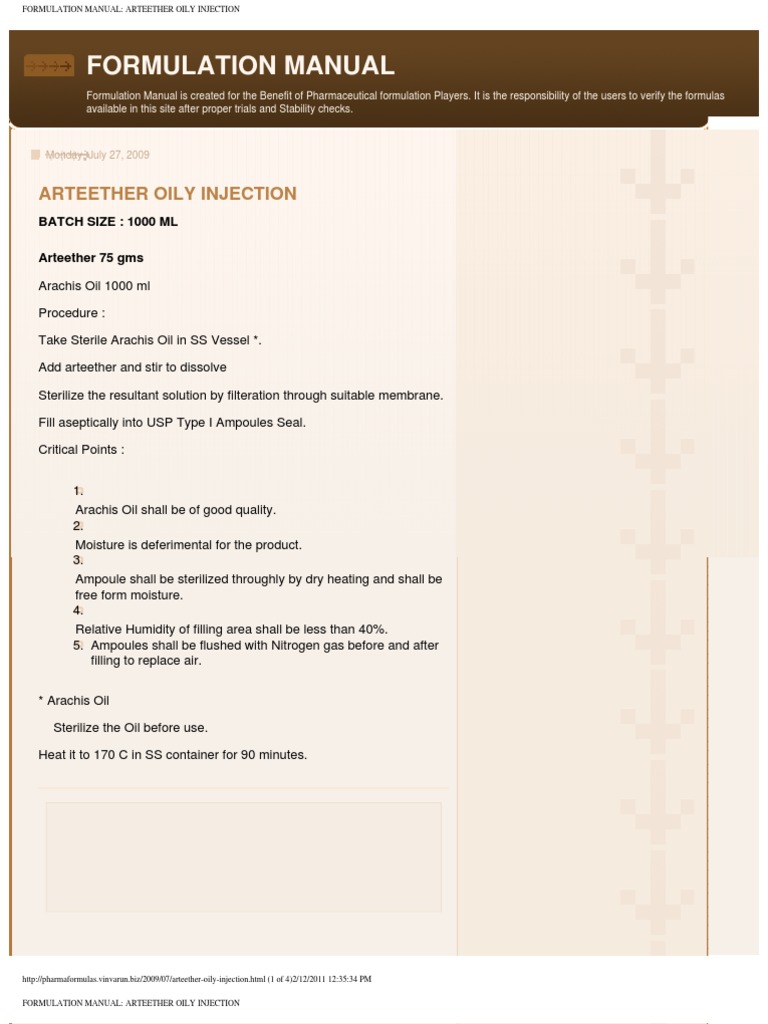 Arteether Oily Injection | PDF | Pharmaceutical Formulation ...