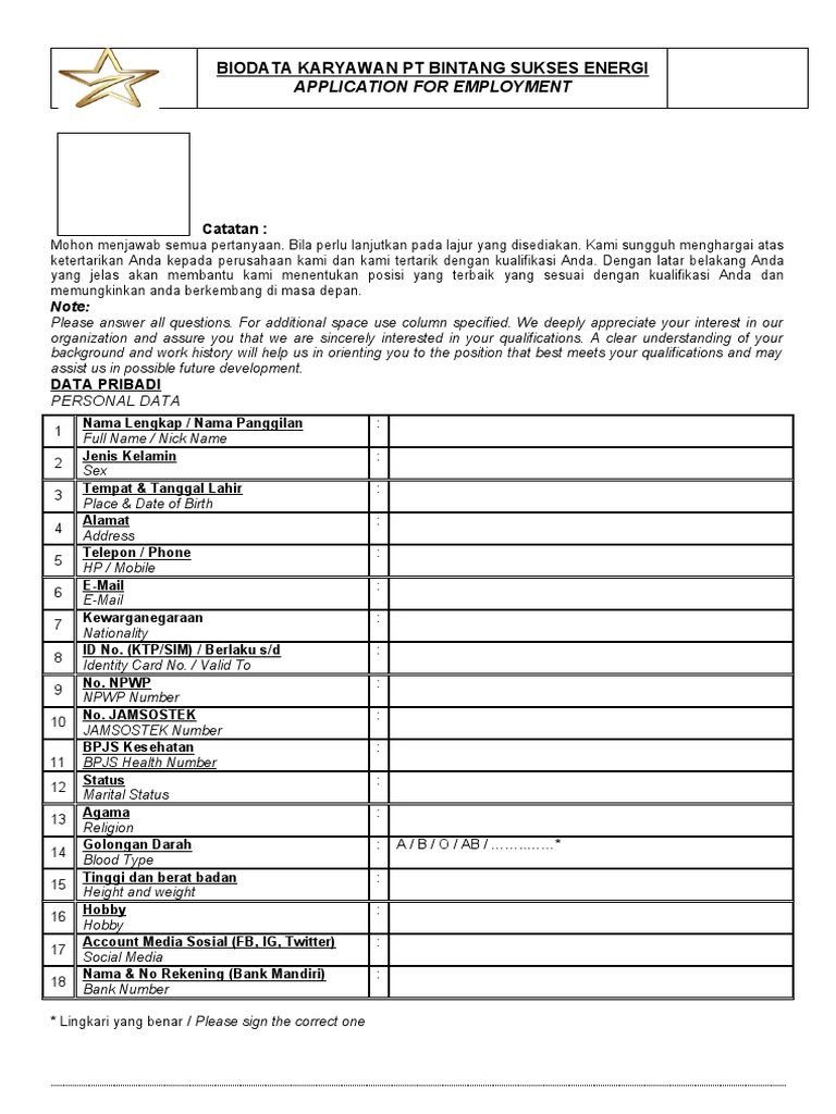 Form Biodata Karyawan | PDF