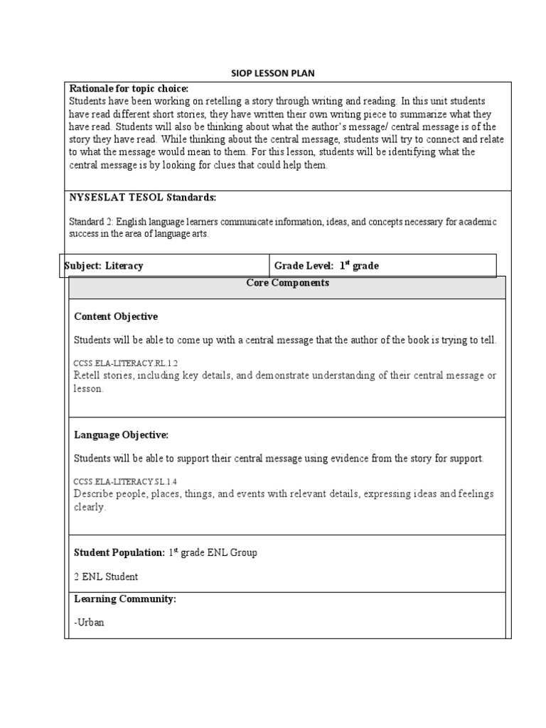 Siop Lesson Plan - Elementary | PDF | Vocabulary | Lesson Plan