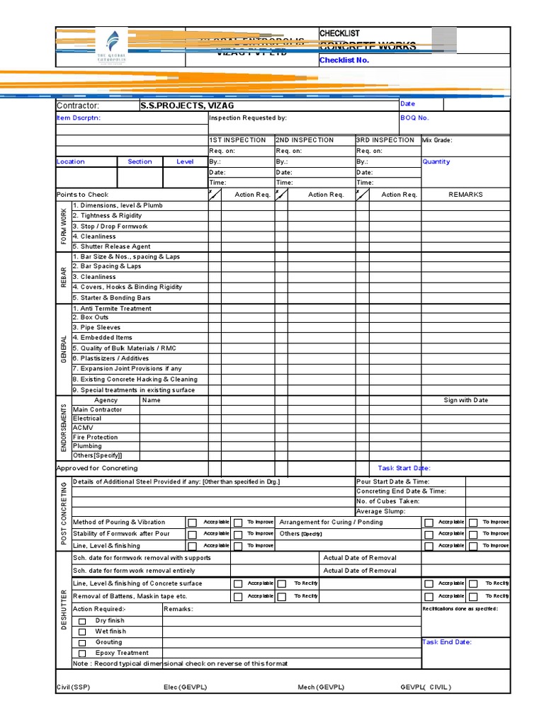 Concrete Placement Checklist C8516 CLT QMT 0003 Rev.00Inspection