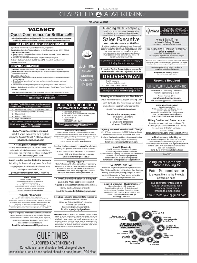 Classified Advertising: Gulf Times | PDF | Qatar | Academic Degree