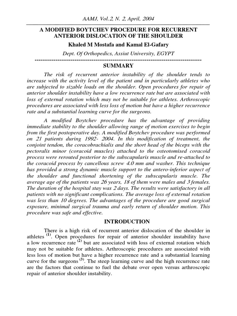 A Modified Boytchev Procedure For Recurrent Anterior Dislocation of The ...