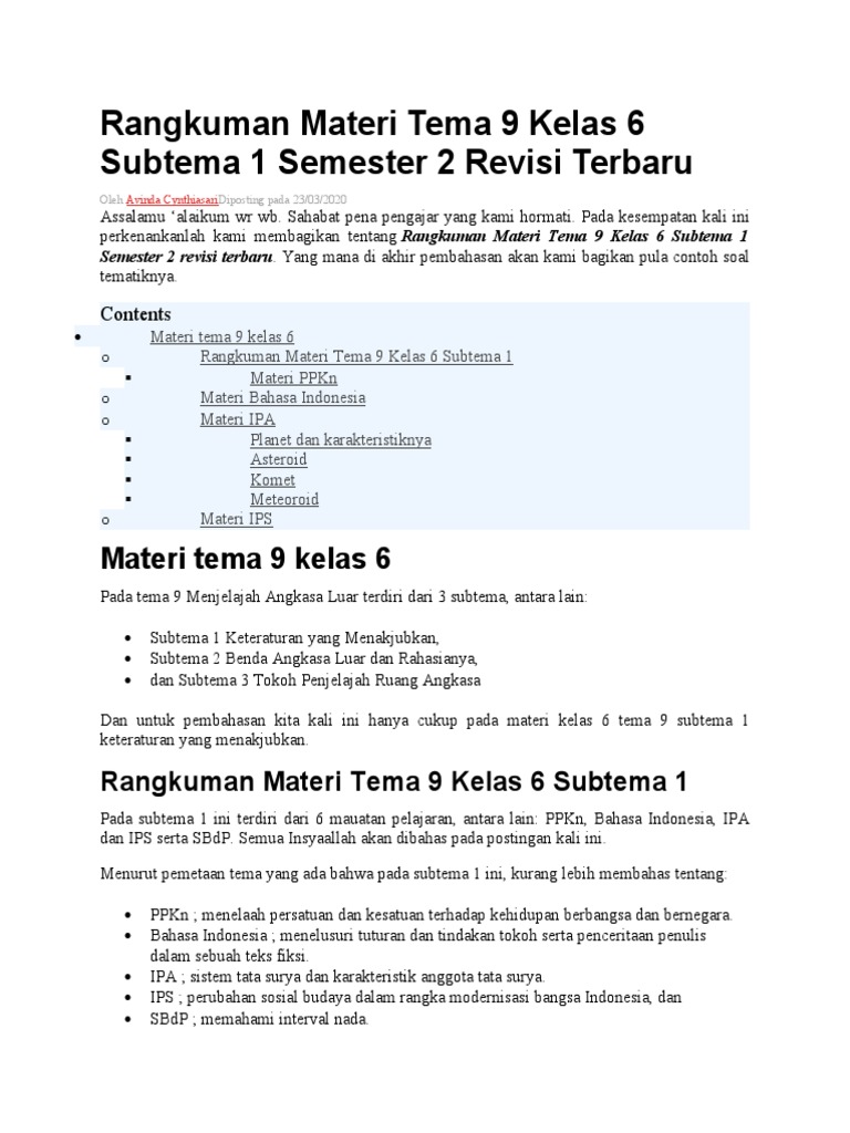 Rangkuman Materi Tema 9 Kelas 6 Subtema 1 Semester 2 Revisi Terbaru ...