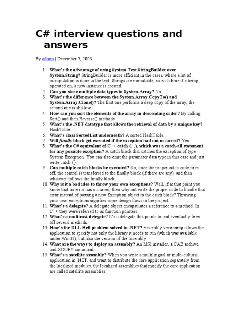 C# Interview Questions and Answers | PDF
